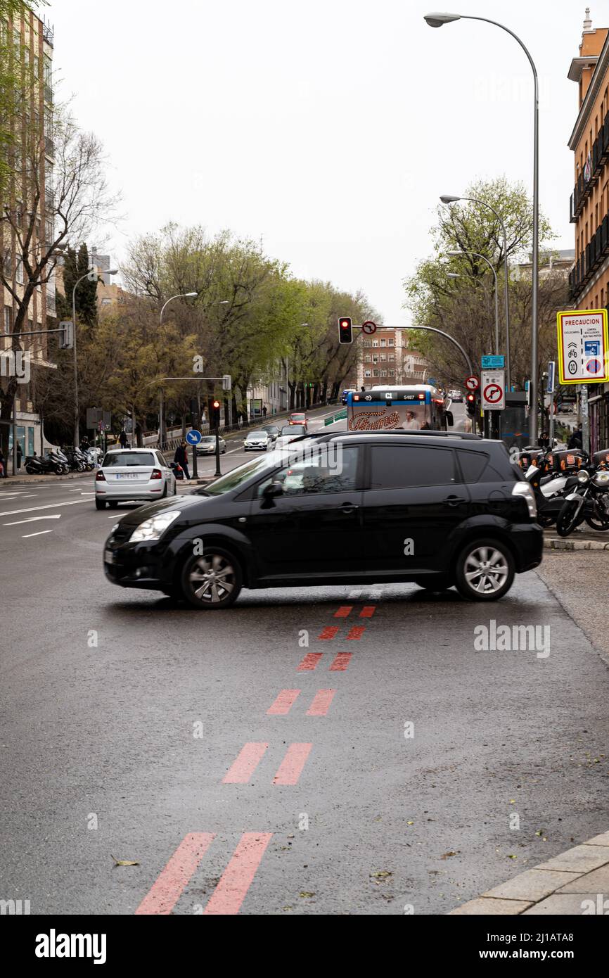 Madrid, Spain. March 18, 2022. Vehicle crossing the red line indicating ...