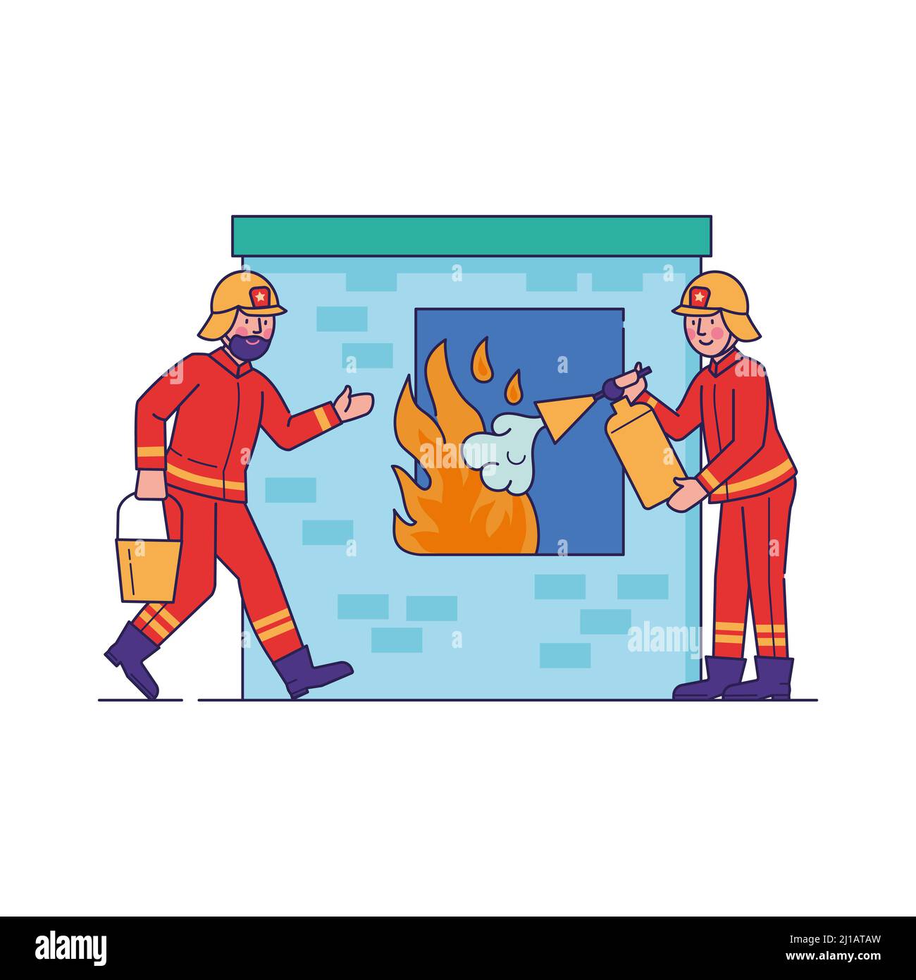 Firefighters extinguishing flame through window. Firemen watering ...