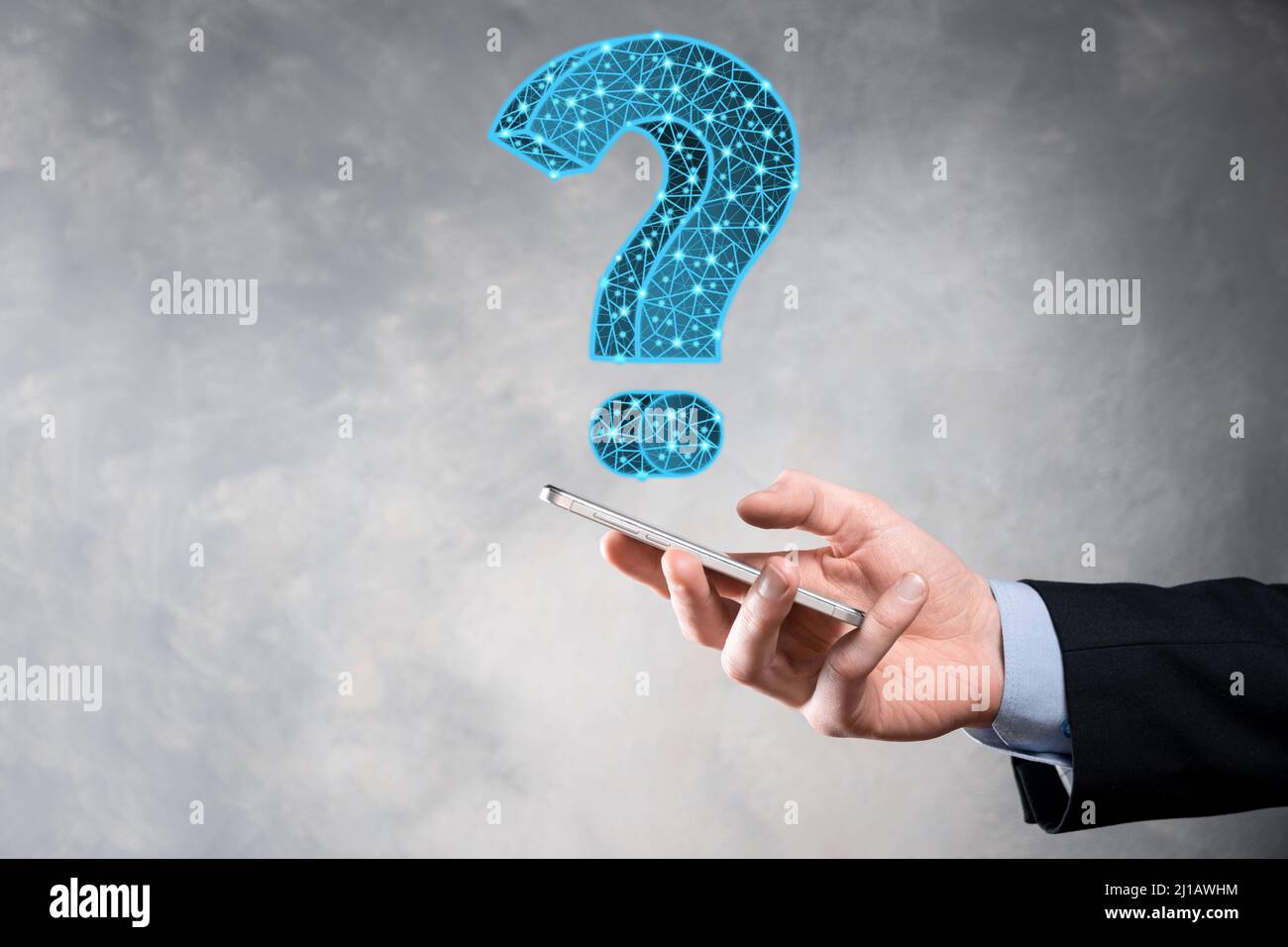 Question mark. 3d abstract on dark background with dots and stars. Ask ...