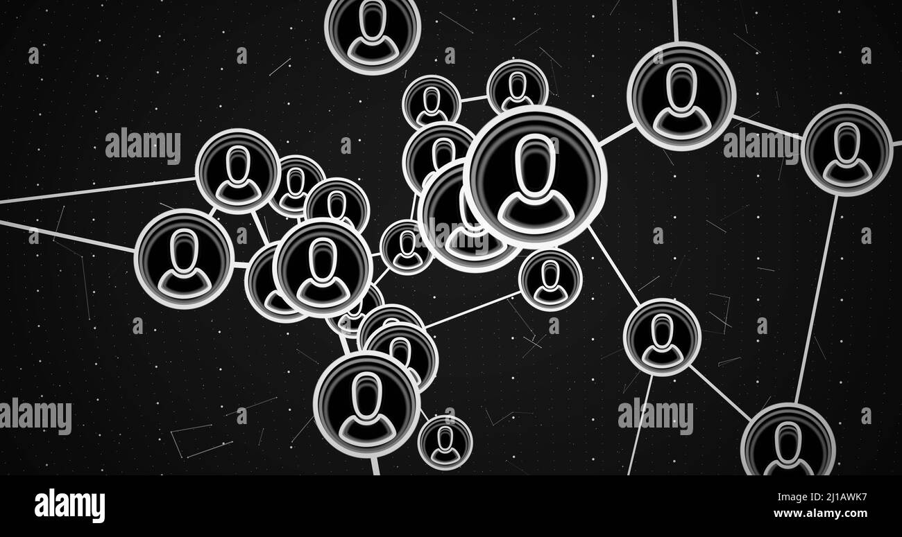 Image of network of connections with people icons on black background ...