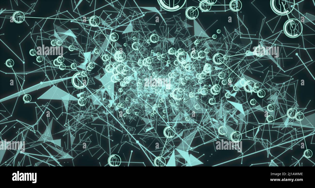 Image of green network of connections with icons over black background ...