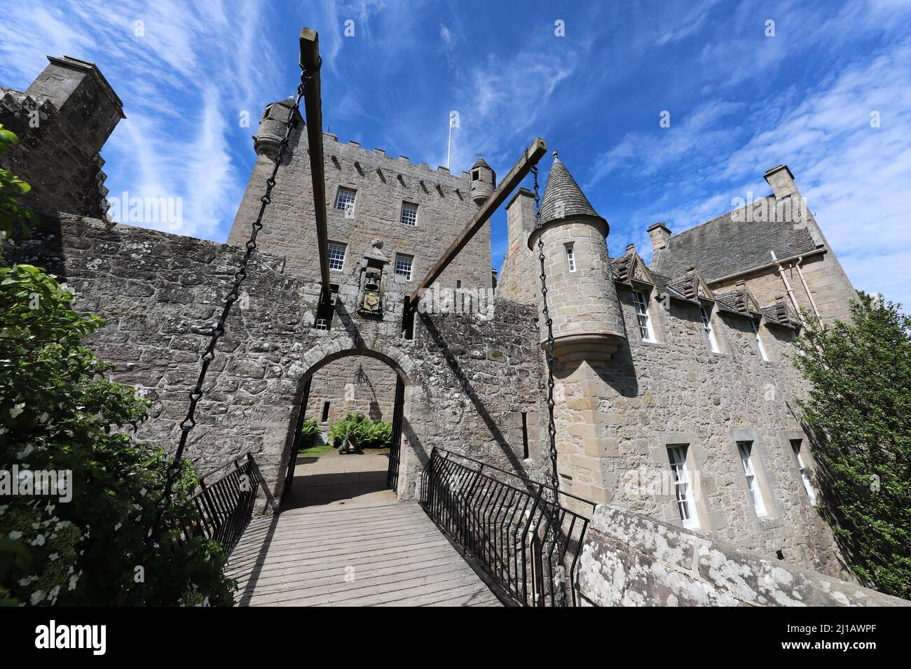 Wide angle view of entrance bridge to Cawdor Castle Scotland Stock ...