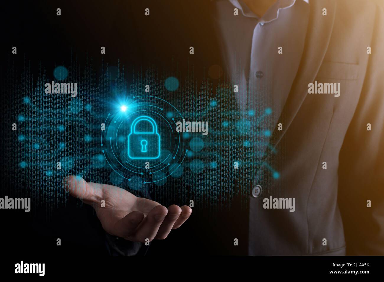 Cyber security network. Padlock icon and internet technology networking. Businessman protecting ...