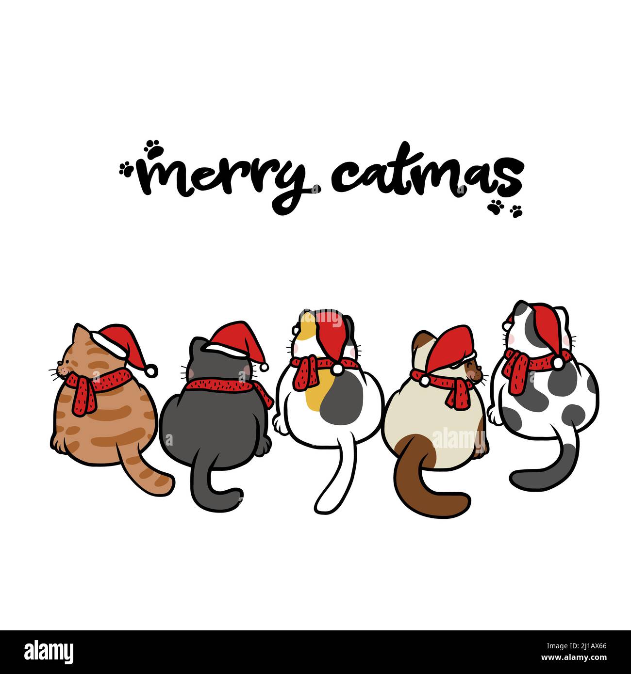 Cats gang wear Santa hat Merry Catmas cartoon vector illustration Stock ...