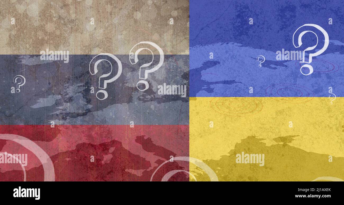 Image of question marks floating over flag of russia and ukraine Stock ...