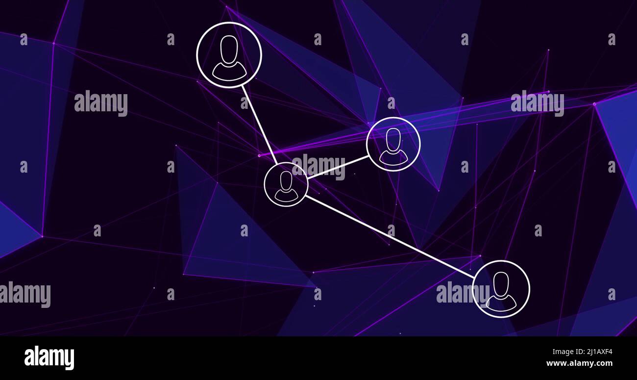 Image of network of connections with people icons over blue triangles ...