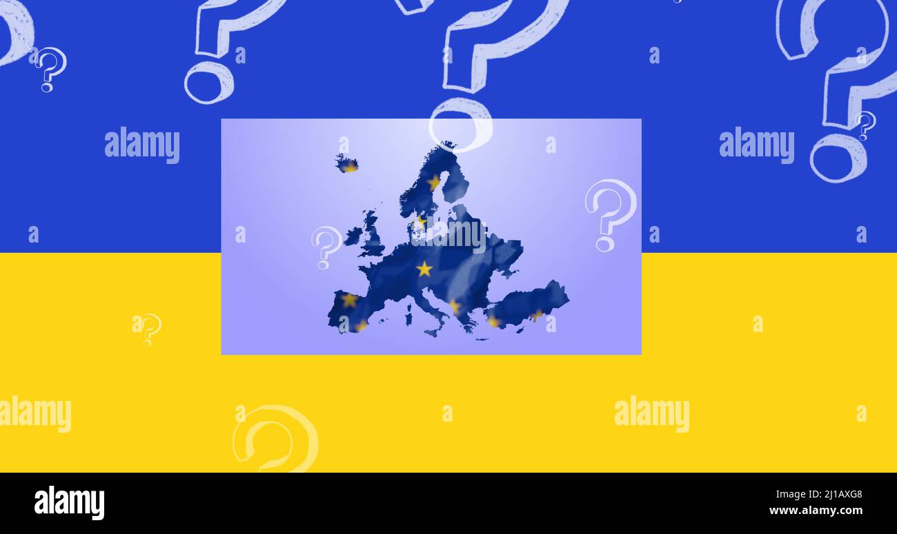 Image of question marks floating over european map and flag of ukraine ...