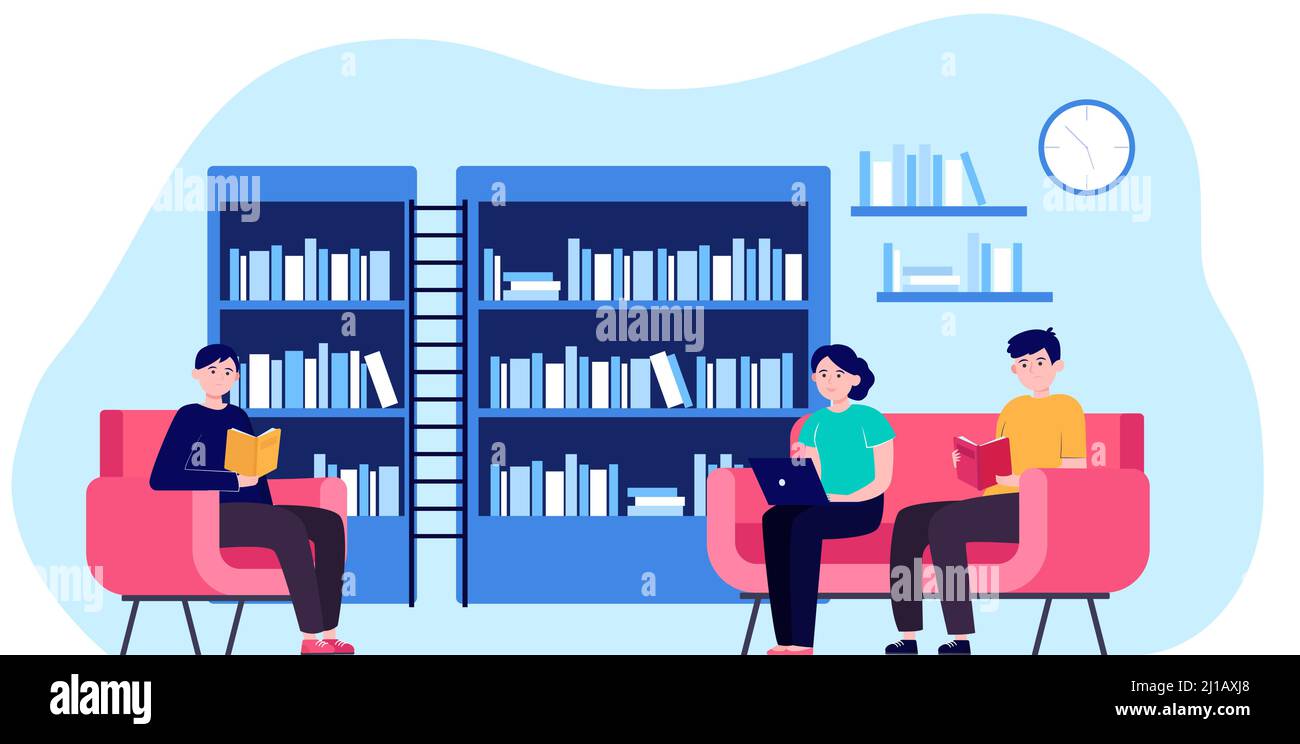 People in library flat vector illustration. Cartoon man and woman ...