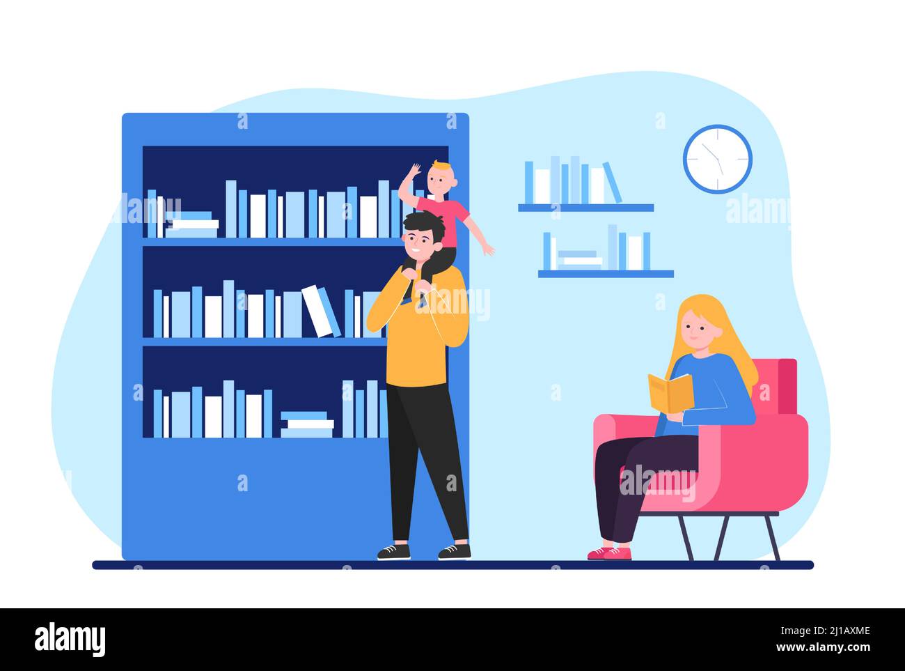 People reading and choosing books. Shelf, kid, family flat vector ...