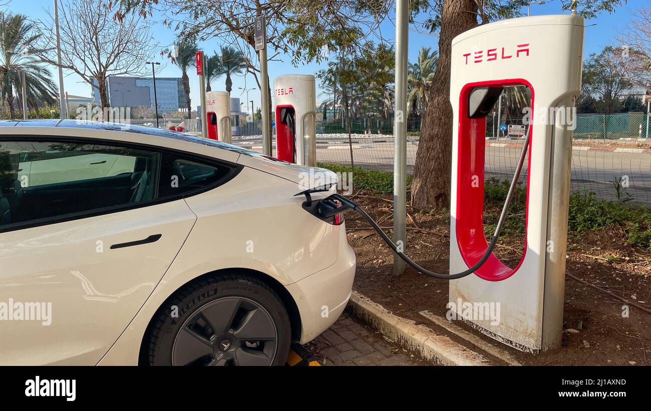 Haifa, Israel - February 6, 2022: Tesla cars while charging at Tesla ...