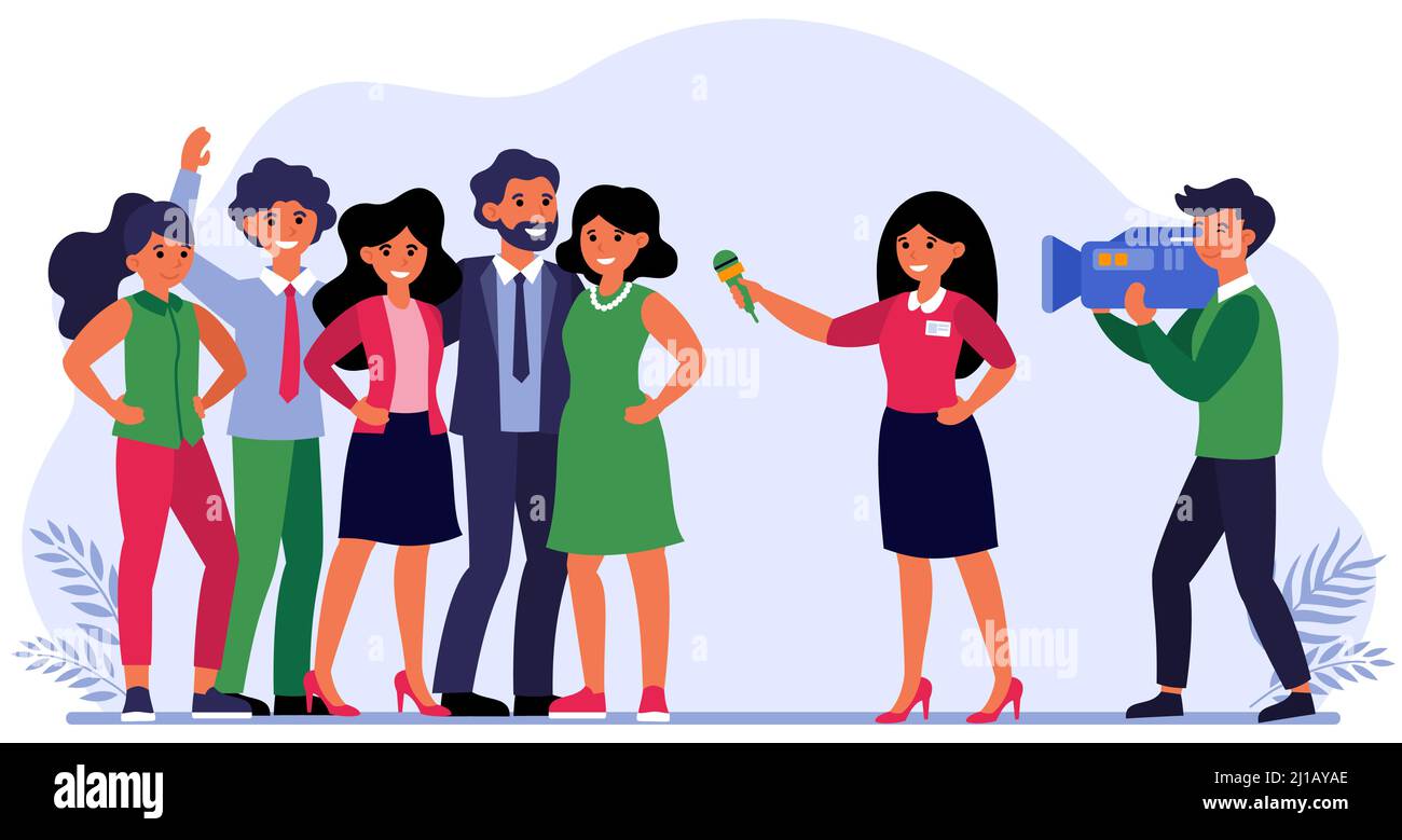 Reporter interviewing celebrities or successful people. Team, journalist, cameraman flat vector ...