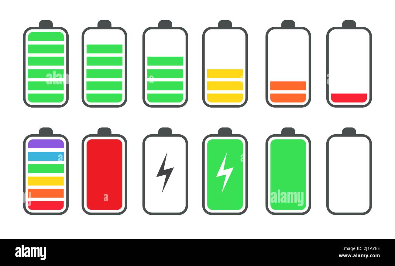 Phone battery charge status flat symbols set. Charge or recharge ...