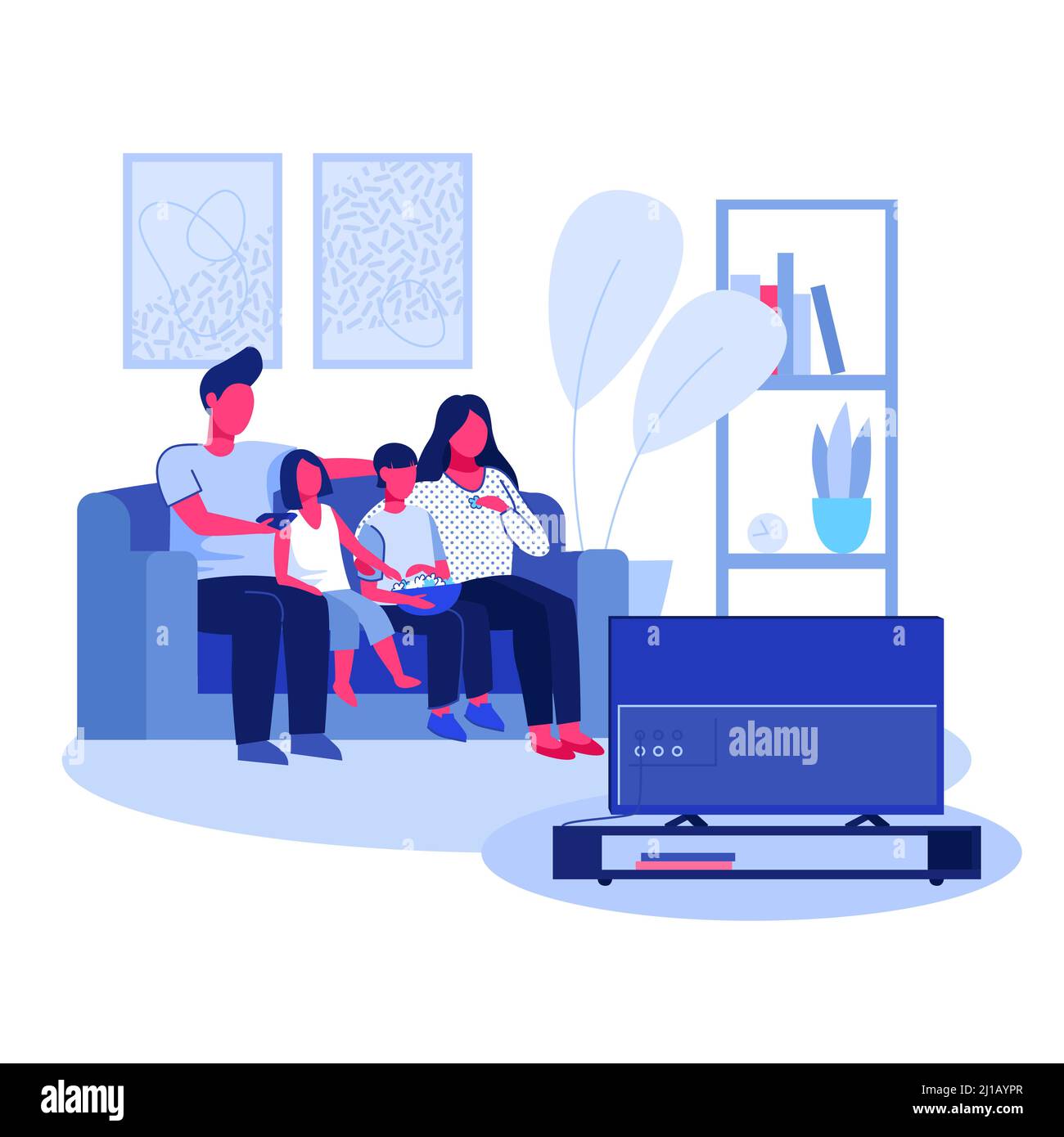 Parent couple, boy and girl watching TV. Parents with two kids, popcorn ...