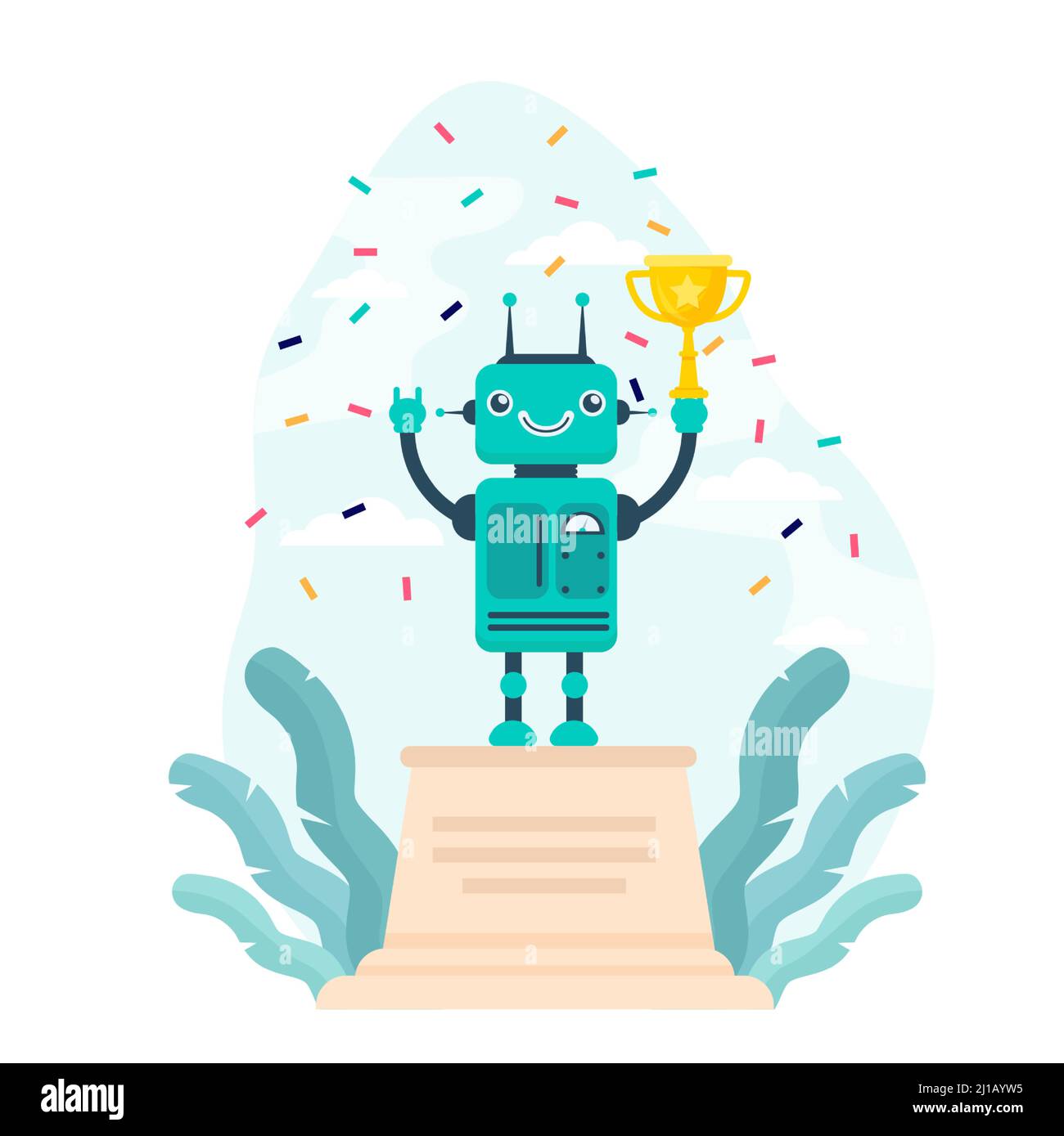 Robot winning golden cup. Award, celebration, cyborg flat vector ...