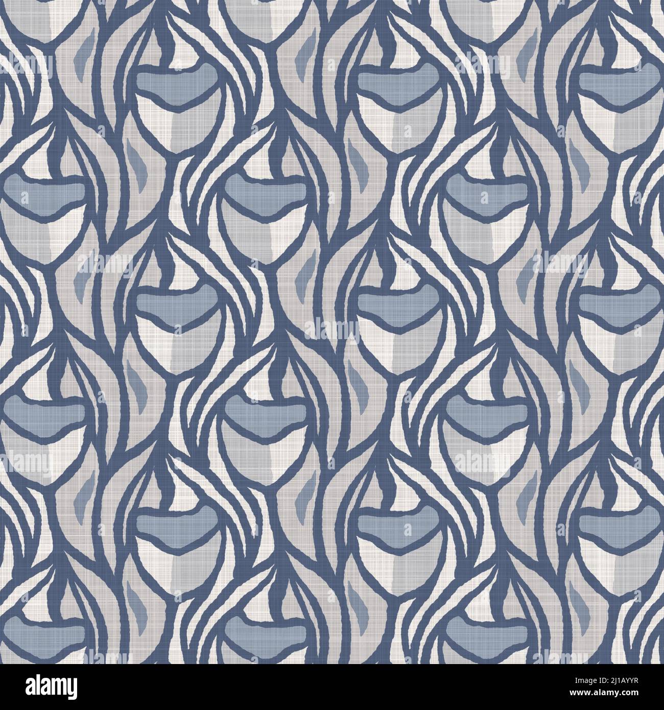 French blue doodle motif linen seamless pattern. Tonal country cottage ...