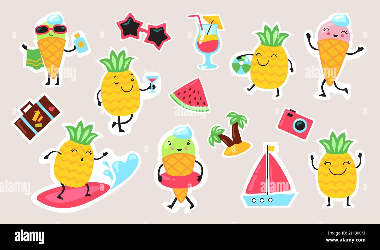 Summer food and activities set. Cute stickers, cartoon characters ...