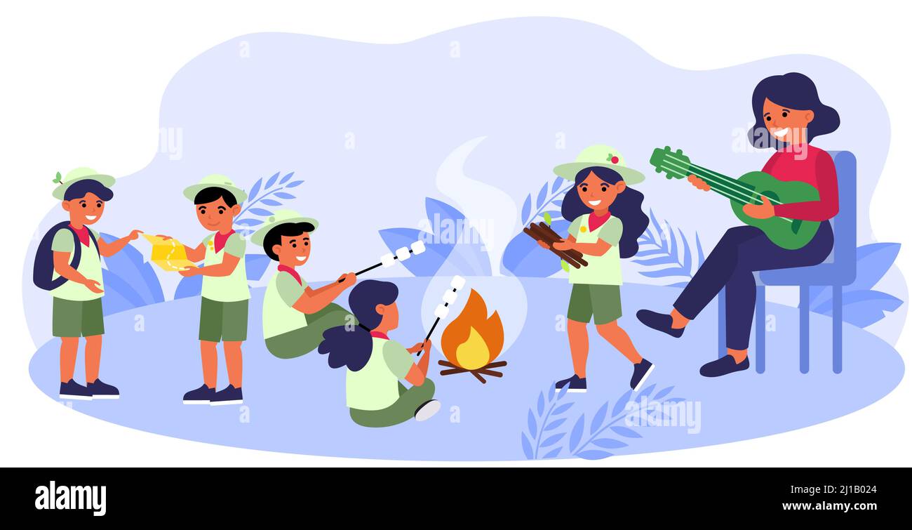 Scouts group leader playing guitar. Children wearing uniform, bonfire ...