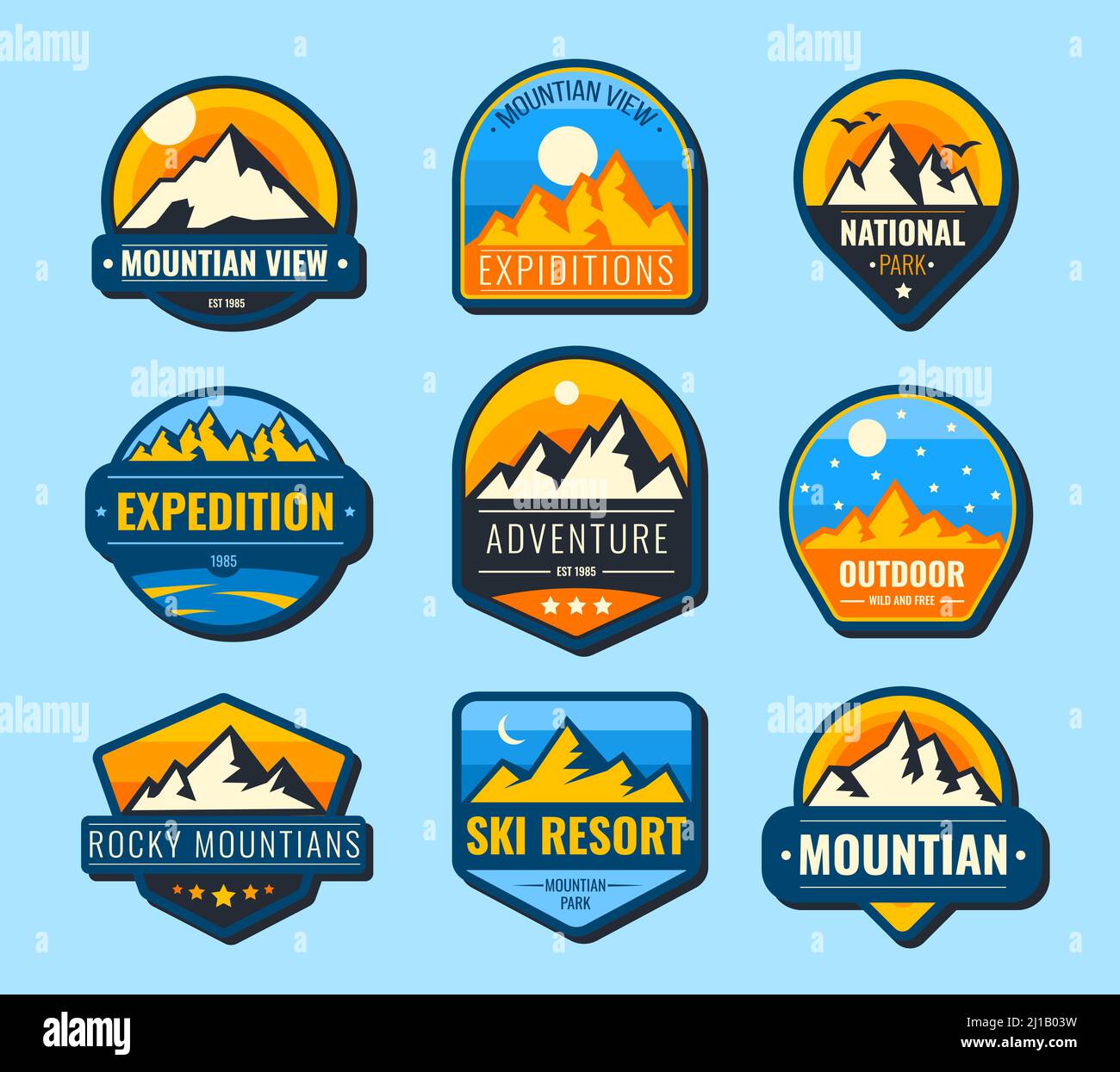 Snow mountains flat labels set. Hiking emblems and tourism logo vector ...