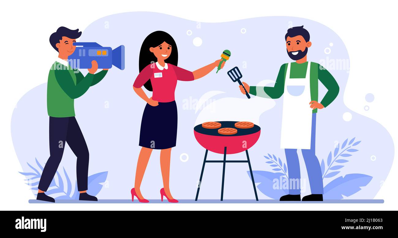 TV crew shooting footage about barbecue restaurant. Reporter having ...