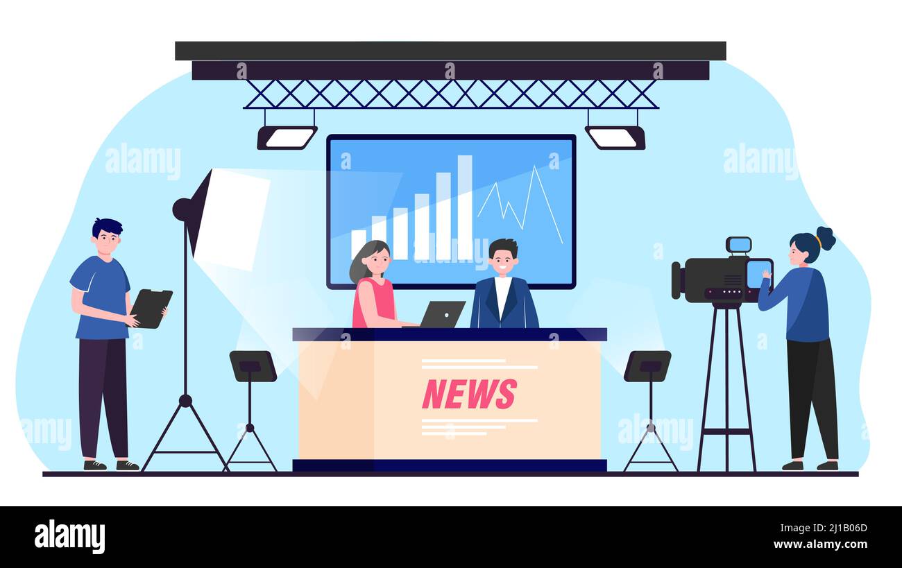 TV news show. Stage and backstage of studio filming with newscasters ...