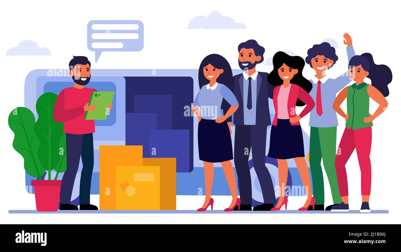 Team of happy people receiving order from courier. Cardboard box, truck ...