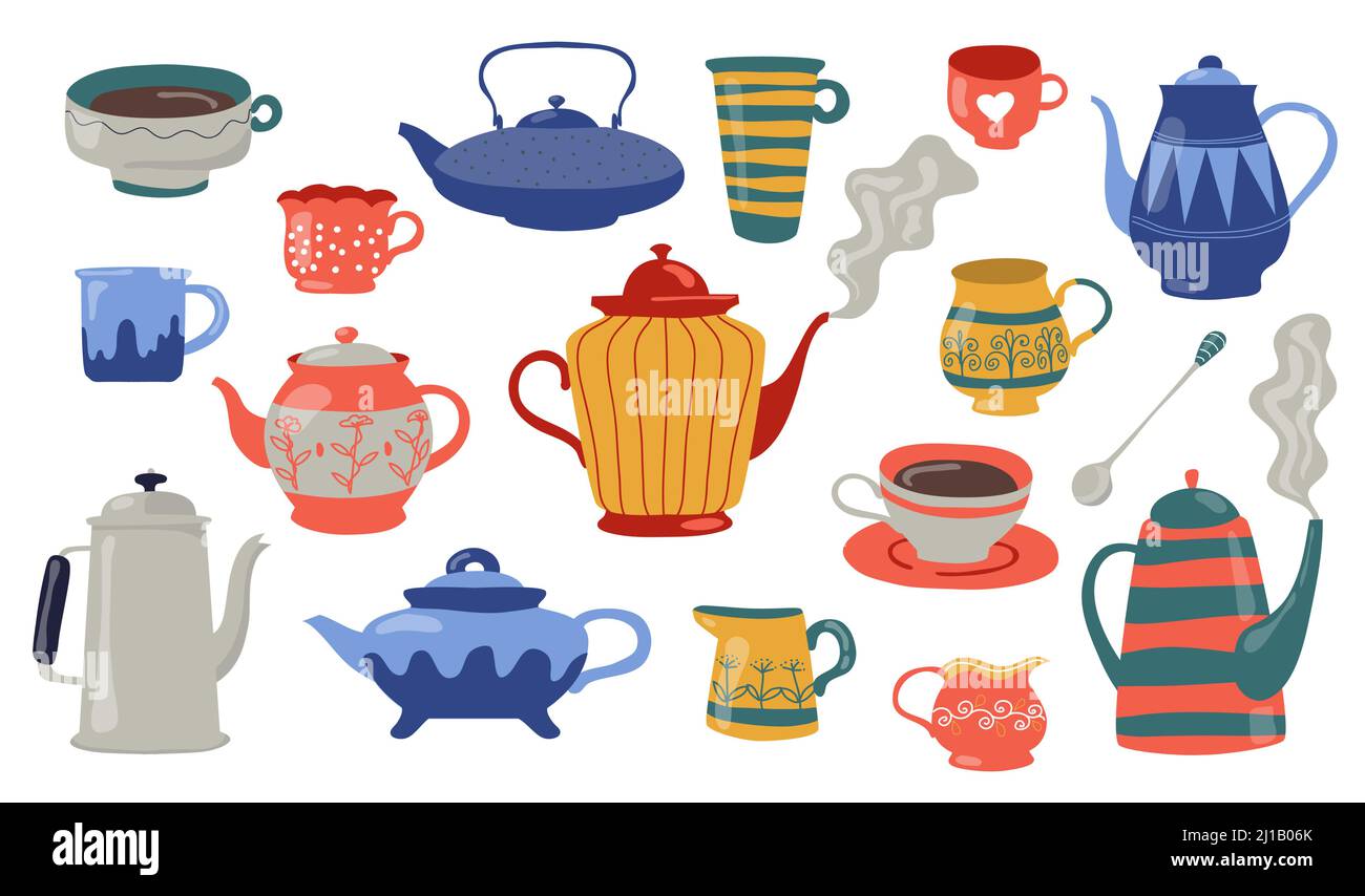 Teapots and cups flat icon set. Cartoon colorful ceramic, porcelain or ...
