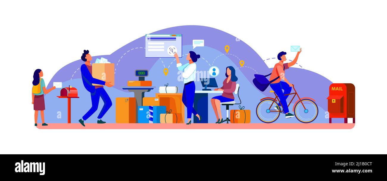People working at post office flat vector illustration. Shipping and ...