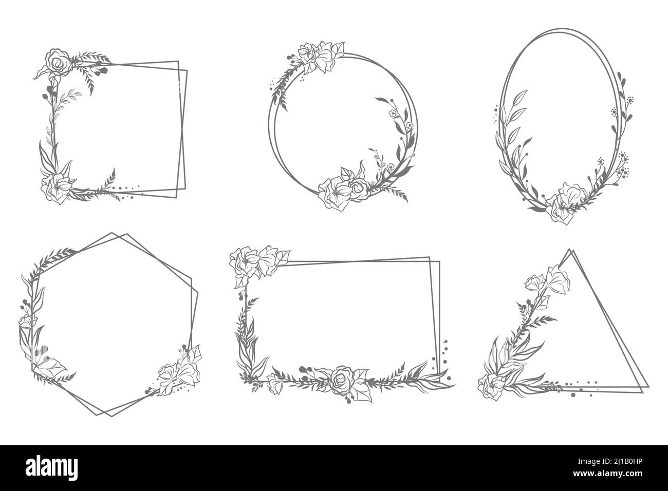 Various hand drawn floral geometric frames set. Linear elegant vintage ...