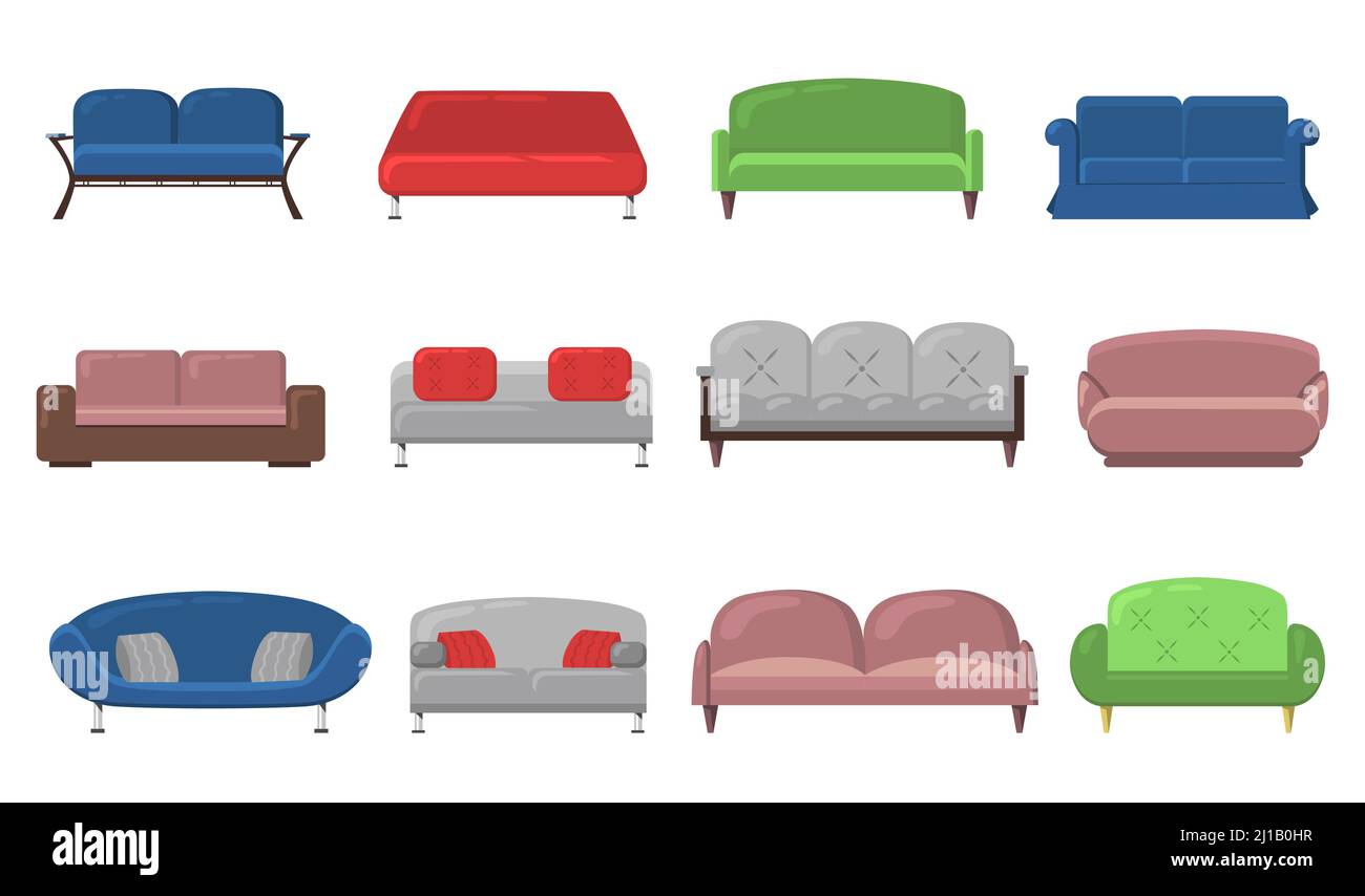 Various modern sofas and couches flat icon set. Front view of ...