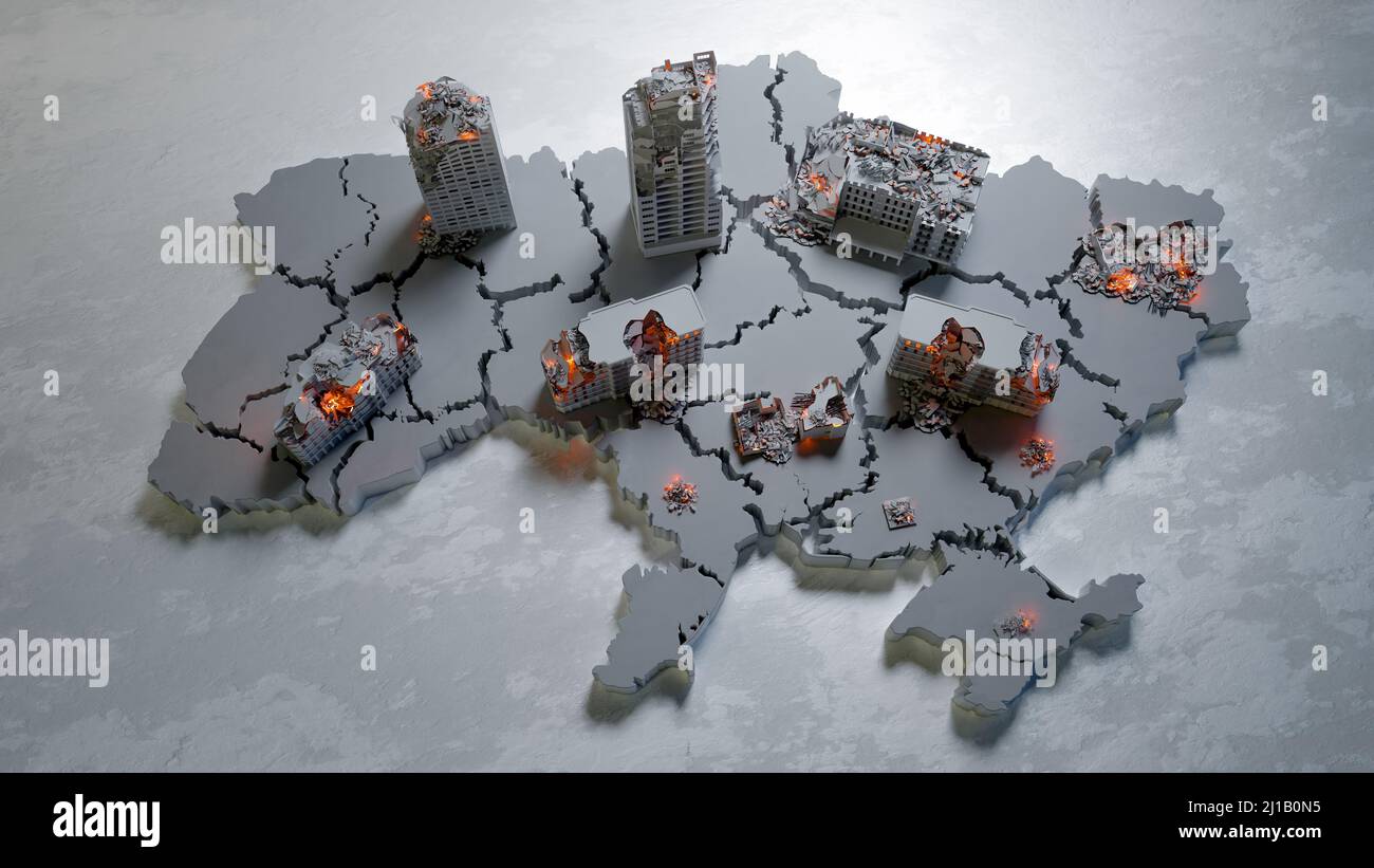 Destroyed homes and houses after bomb shelling over map of Ukraine ...