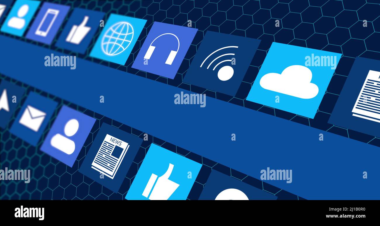 Image of digital online icons and blue stripe moving over hexagons on ...