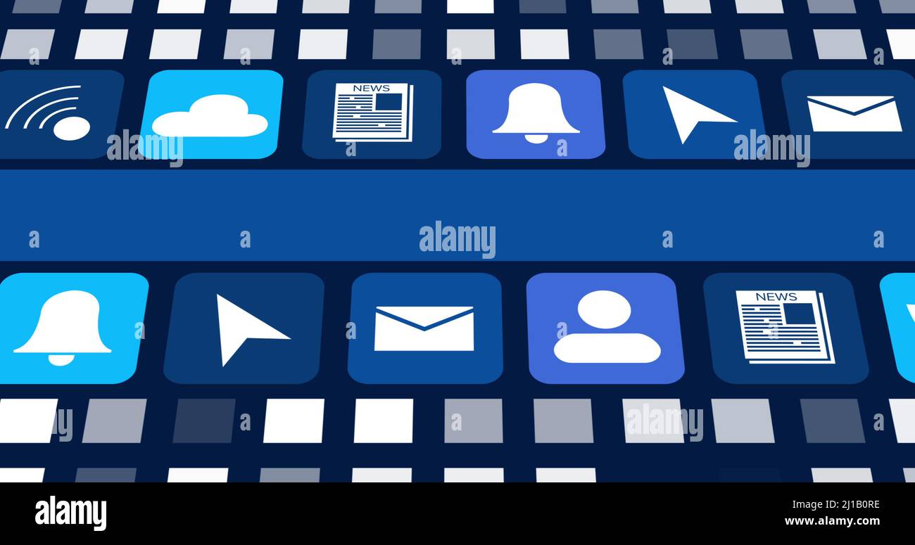 Image of digital online icons and blue stripe moving on dark blue ...