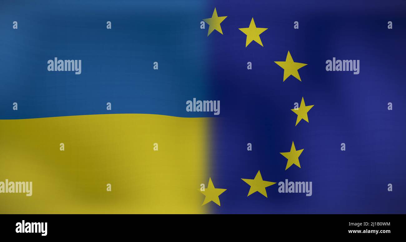 Image of moving and floating flags of ukraine and eu Stock Photo - Alamy