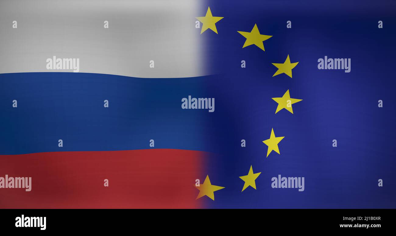 Image of moving and floating flags of russia and eu Stock Photo - Alamy