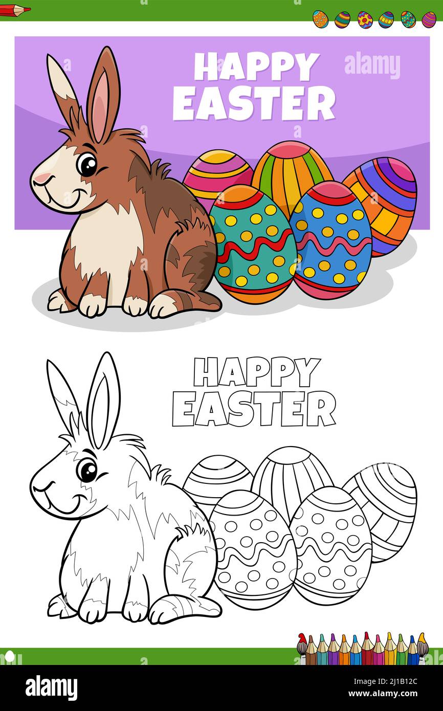 Cartoon illustration of happy Easter bunny character with Easter eggs ...