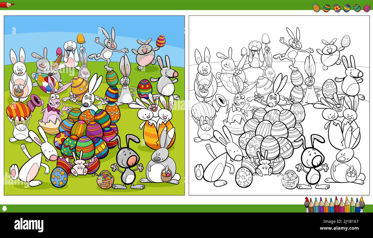 Cartoon illustration of happy Easter bunny characters with Easter eggs ...