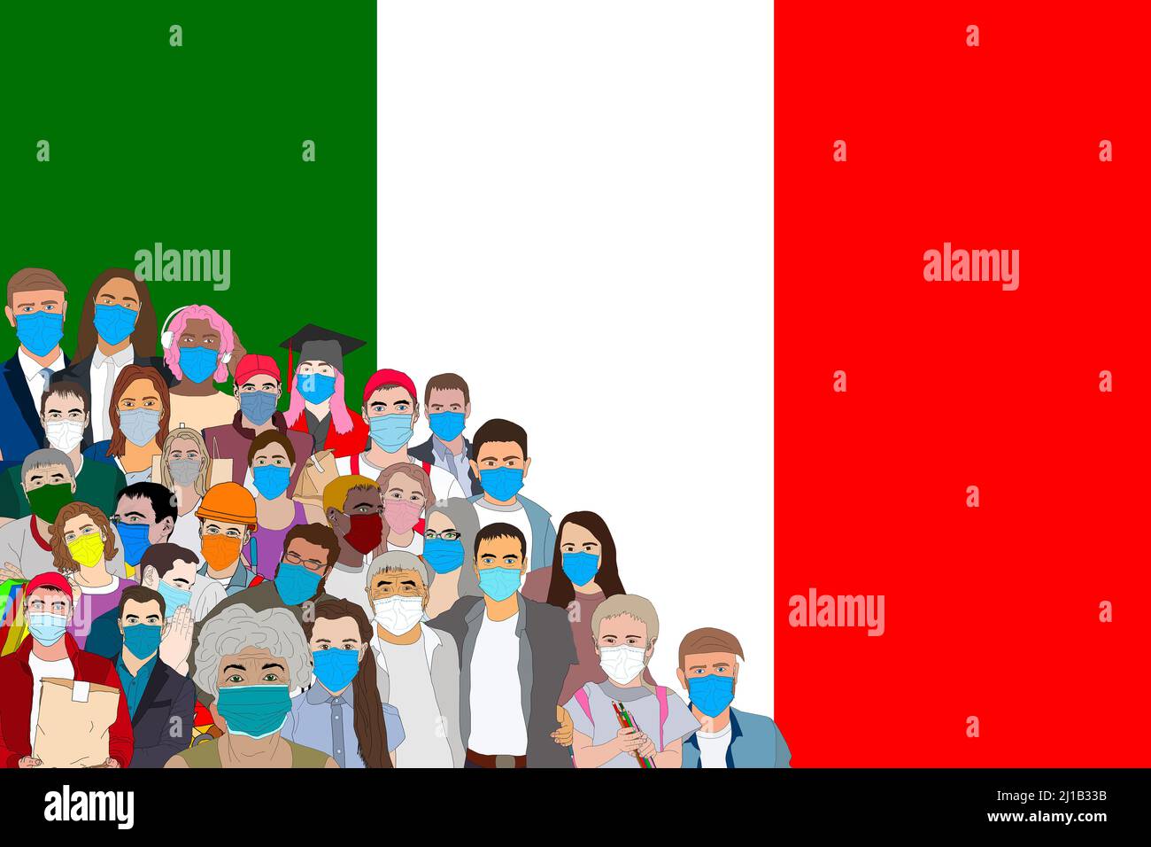 people on the background of the flag of italy. Cartoon flat ...