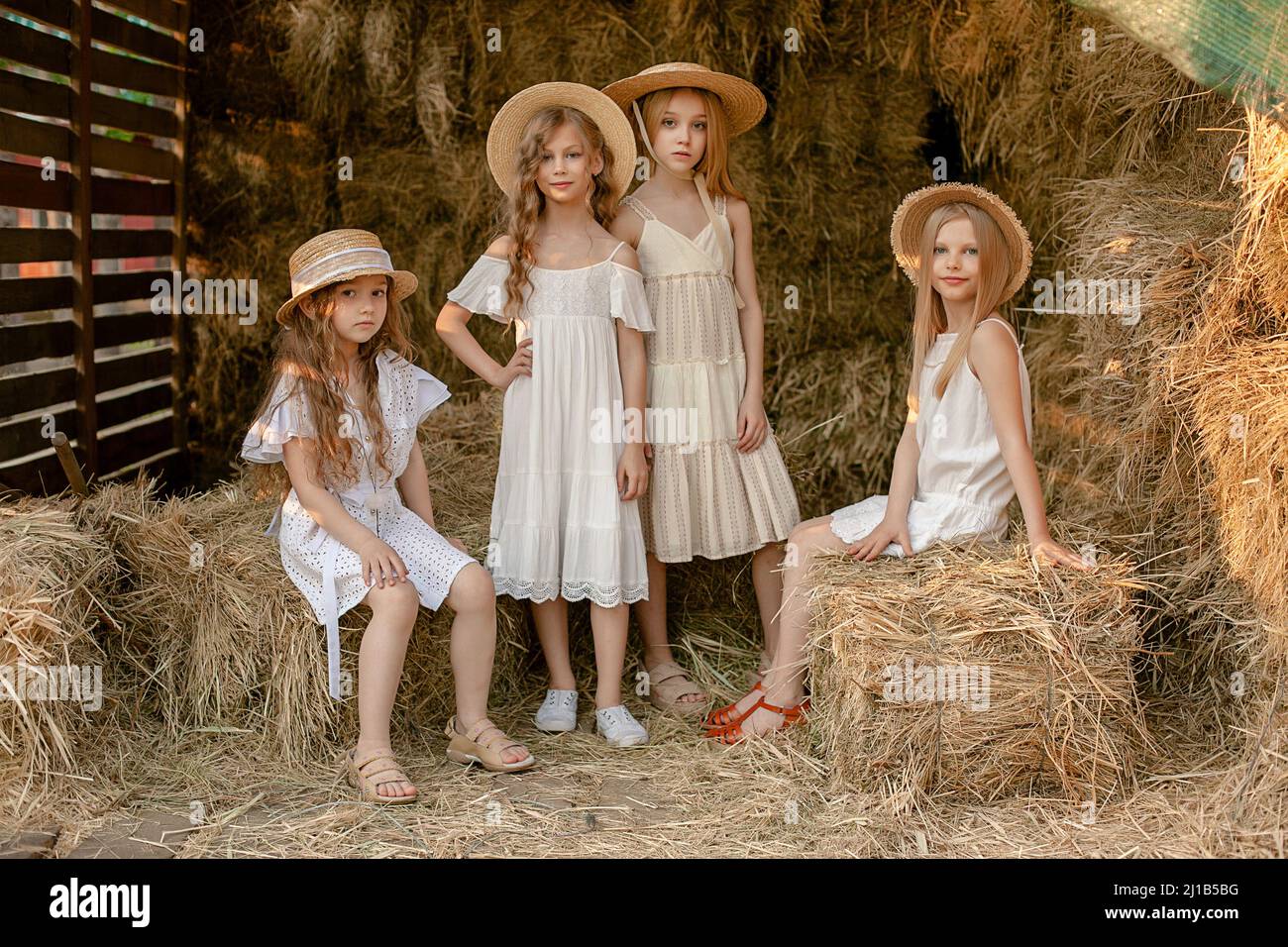Group of tween girls posing together in hayloft during summer vacation ...