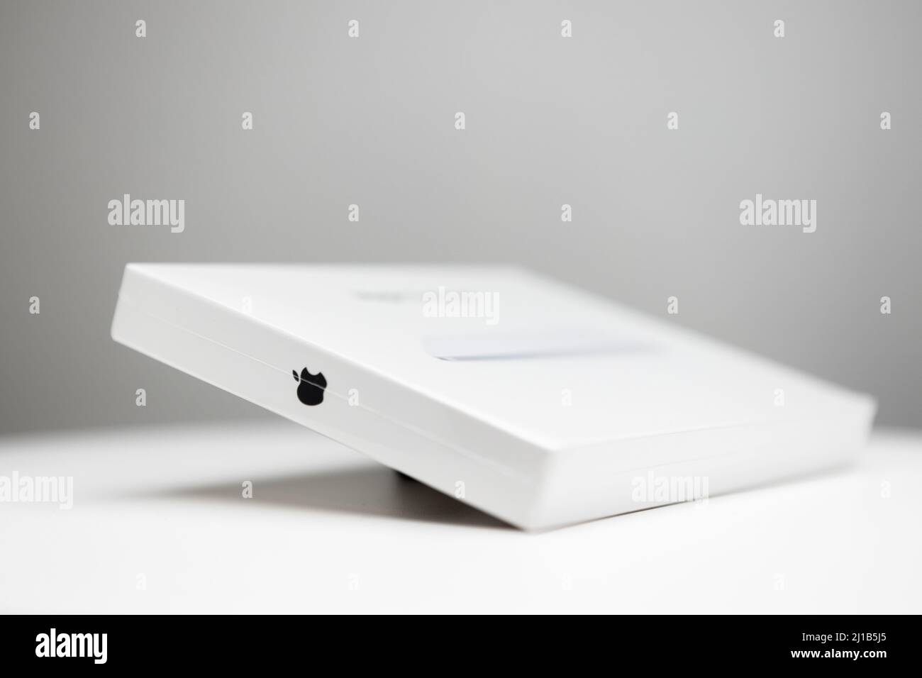 Apple company logo on the side of white package box of Mac magic ...