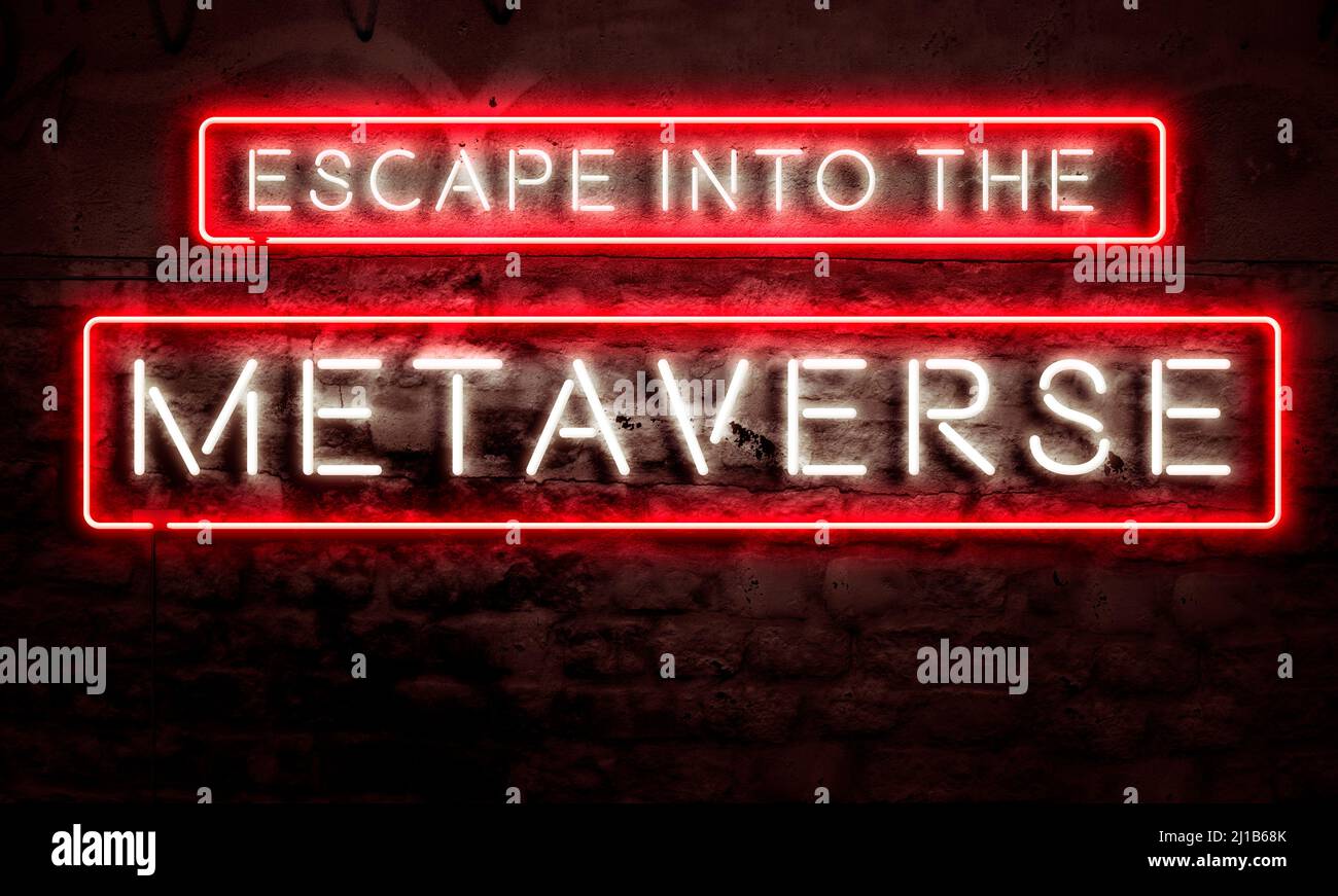 Metaverse Conceptual Virtual Reality Graphic Neon Sign On Brick Stock ...