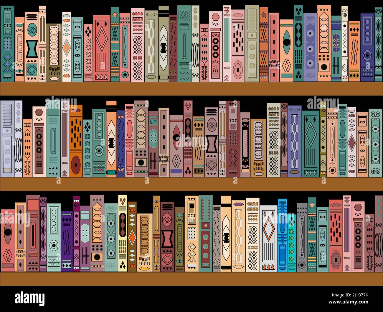 Wooden horizontal bookcase full of different colourful books. Seamless ...
