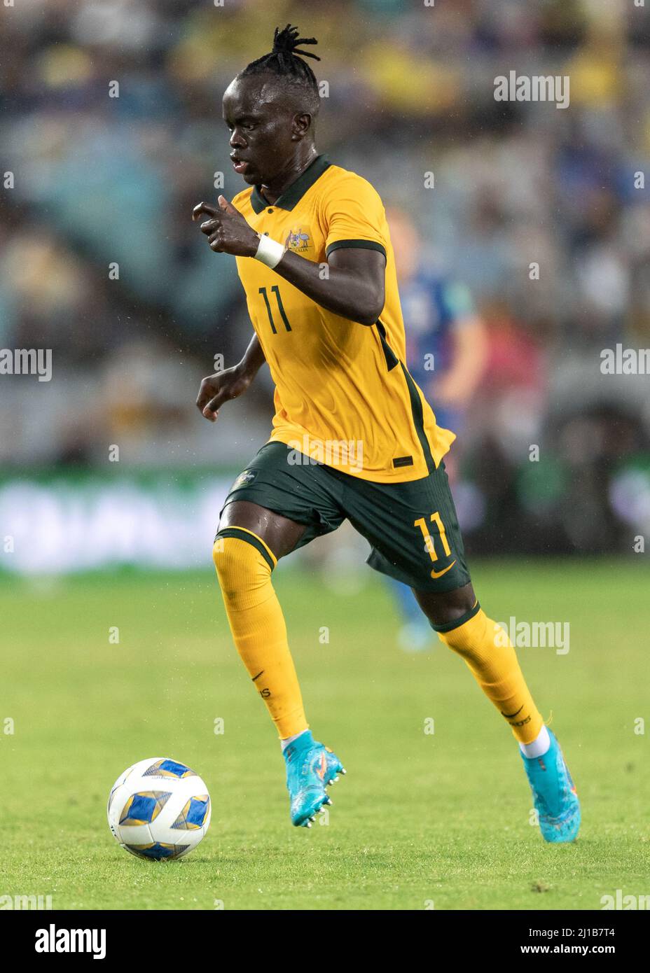 Awer Mabil of, Australia. 24th Mar, 2022. controls the ball during FIFA ...