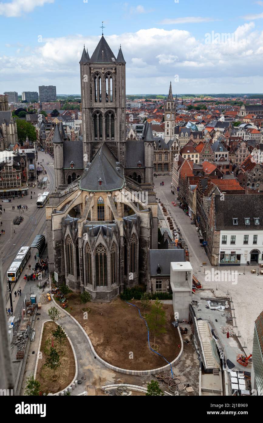 The historical buildings of Ghent and Saint Nicholas Church with its ...