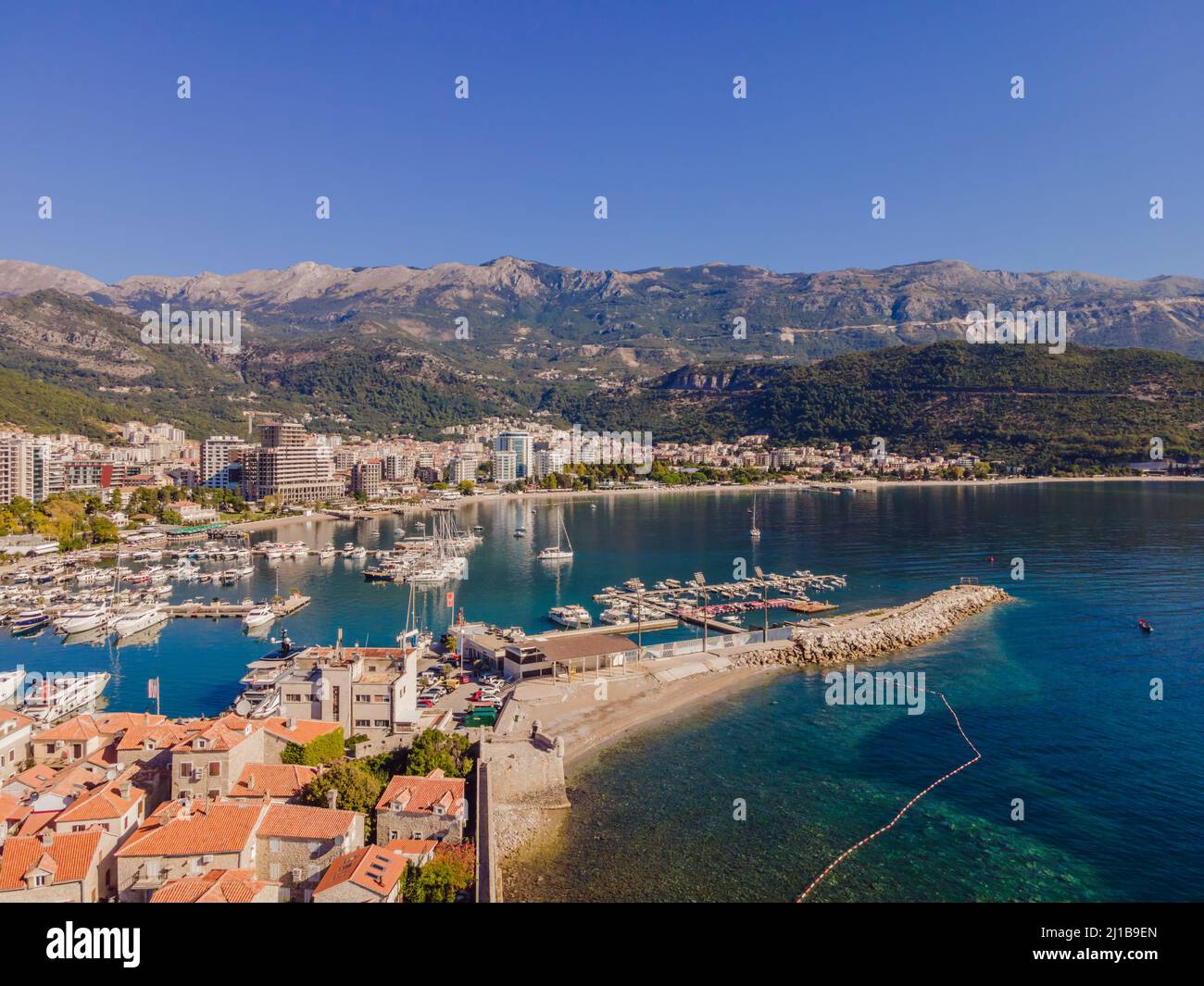 Old town in Budva in a beautiful summer day, Montenegro. Aerial image ...