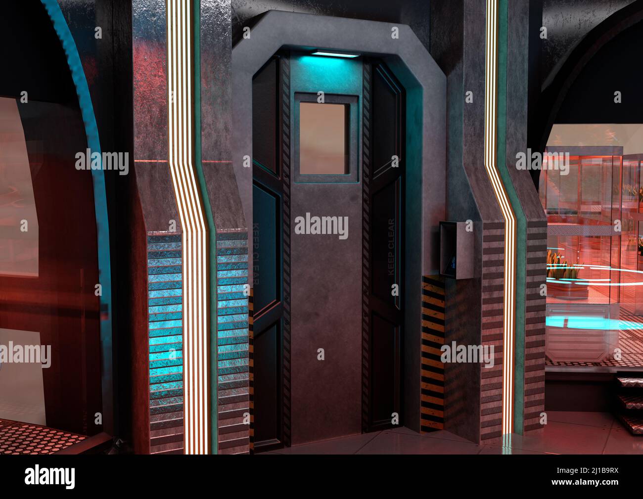 3D rendering of a door in a futuristic sceince fiction plant laboratory ...