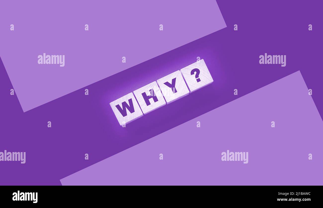 Why Closeup of word with question mark on wooden cubes on dark grey ...