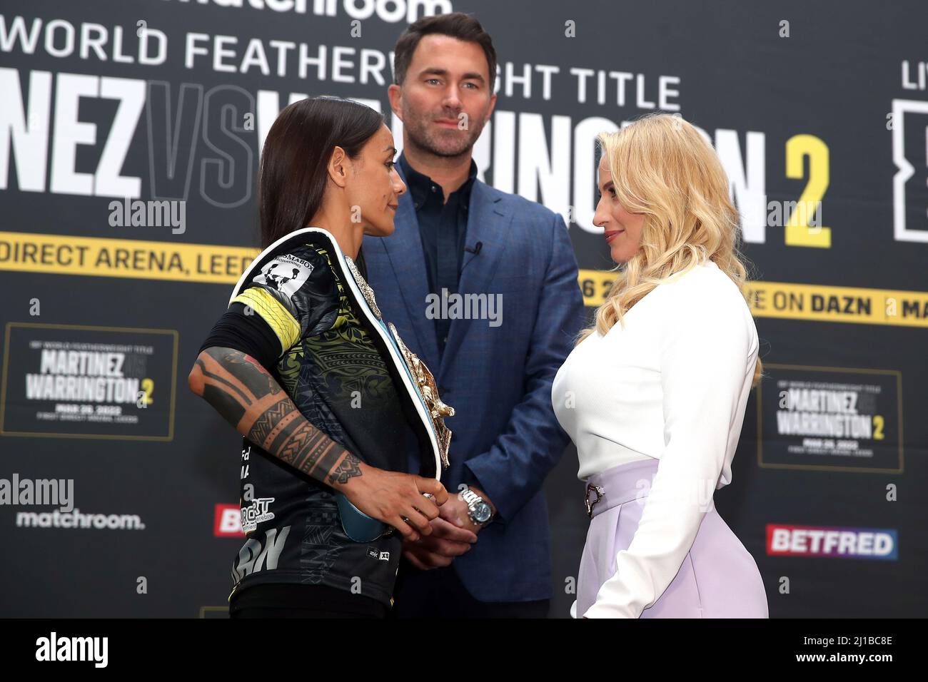Maria Cecilia Roman (left) and Ebanie Bridges face off as Eddie Hearn ...