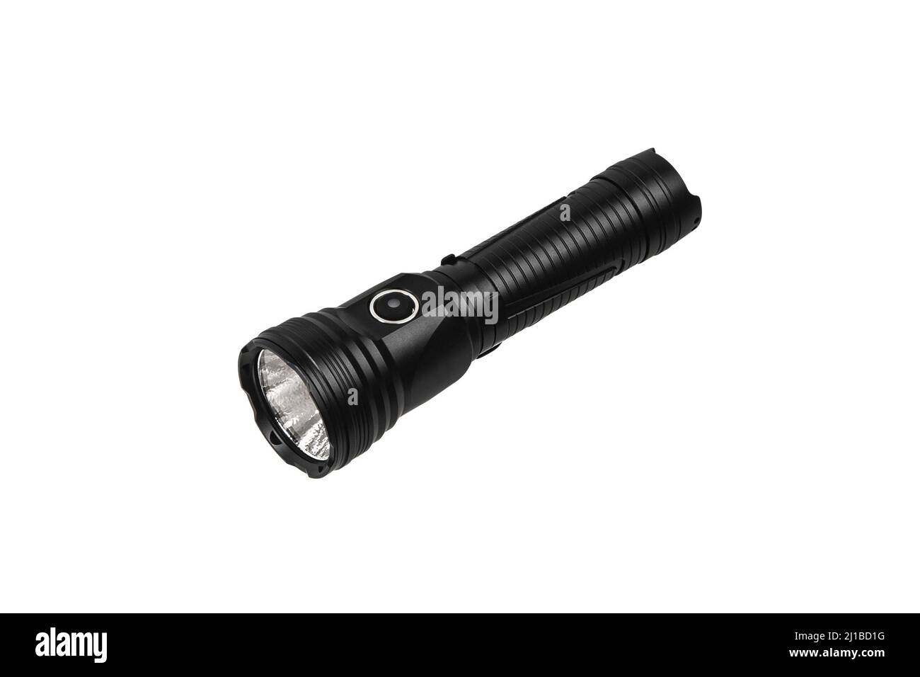 Modern metal LED flashlight in black color. Portable flashlight isolate ...