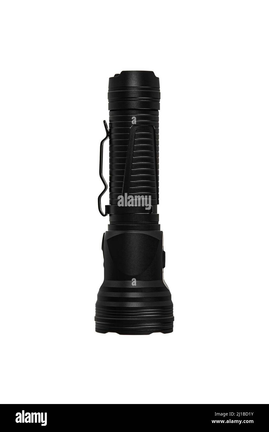 Modern metal LED flashlight in black color. Portable flashlight isolate ...