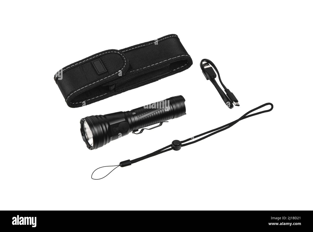 Modern metal LED flashlight in black color. Portable flashlight isolate ...